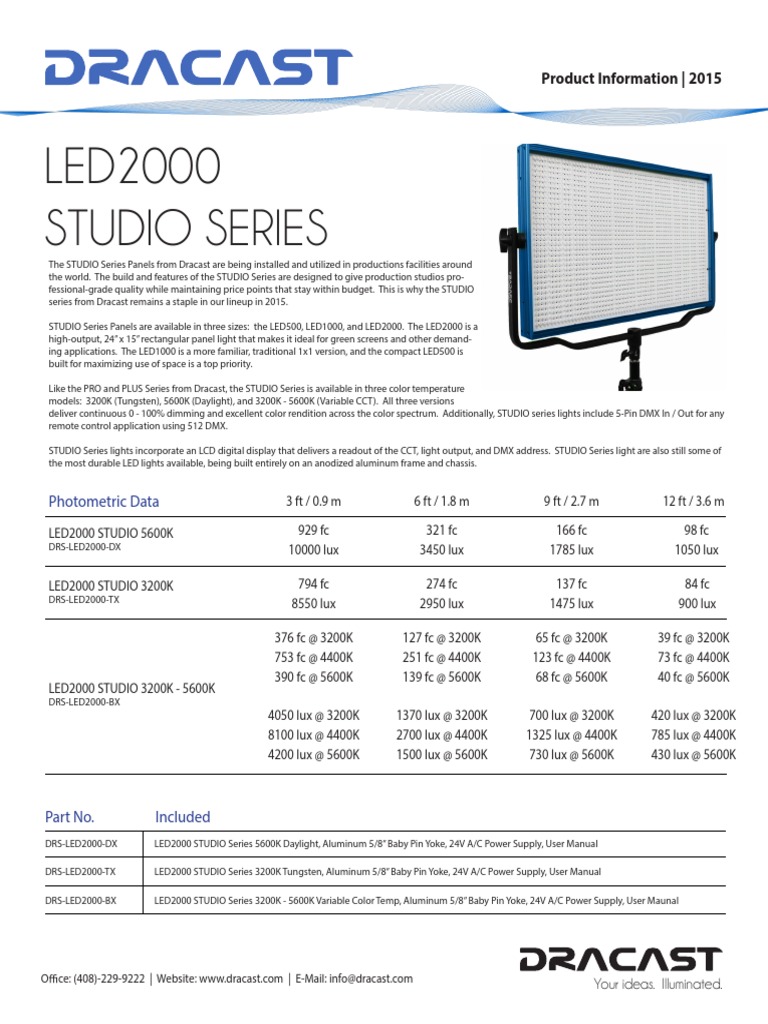 Dracast Led2000 Studio Series Info Sheet | Download Free PDF | Light Emitting Diode | Optics