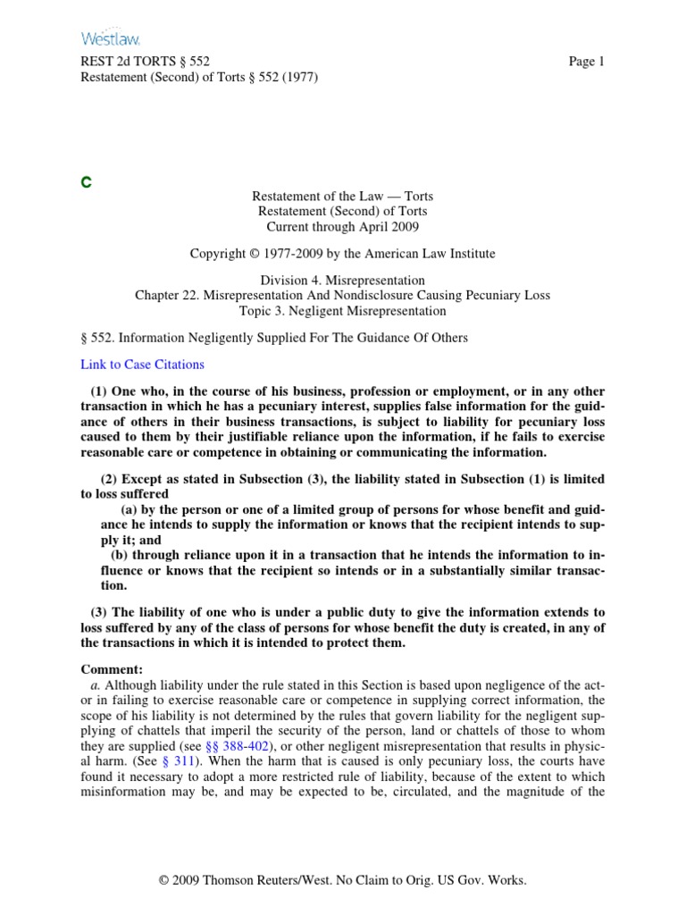 Rest 2d Torts Section 552 (Negligent Misrepresentation | Negligence | Tort