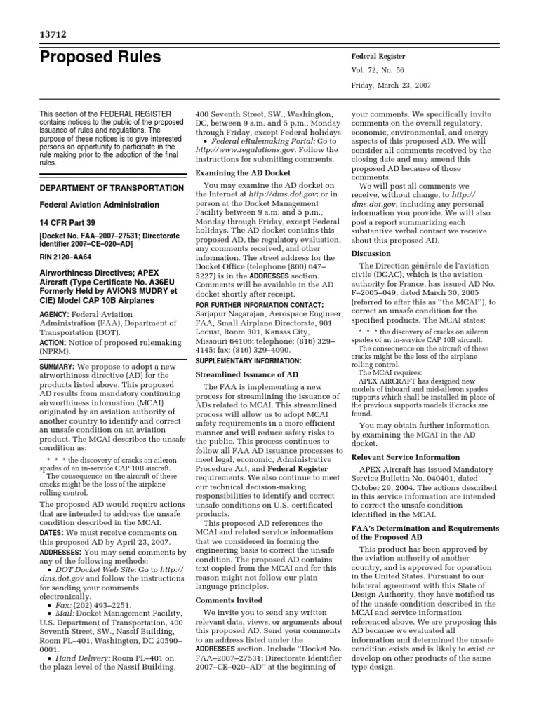 Proposed Rule: Airworthiness Directives: APEX Aircraft | PDF | U.S ...