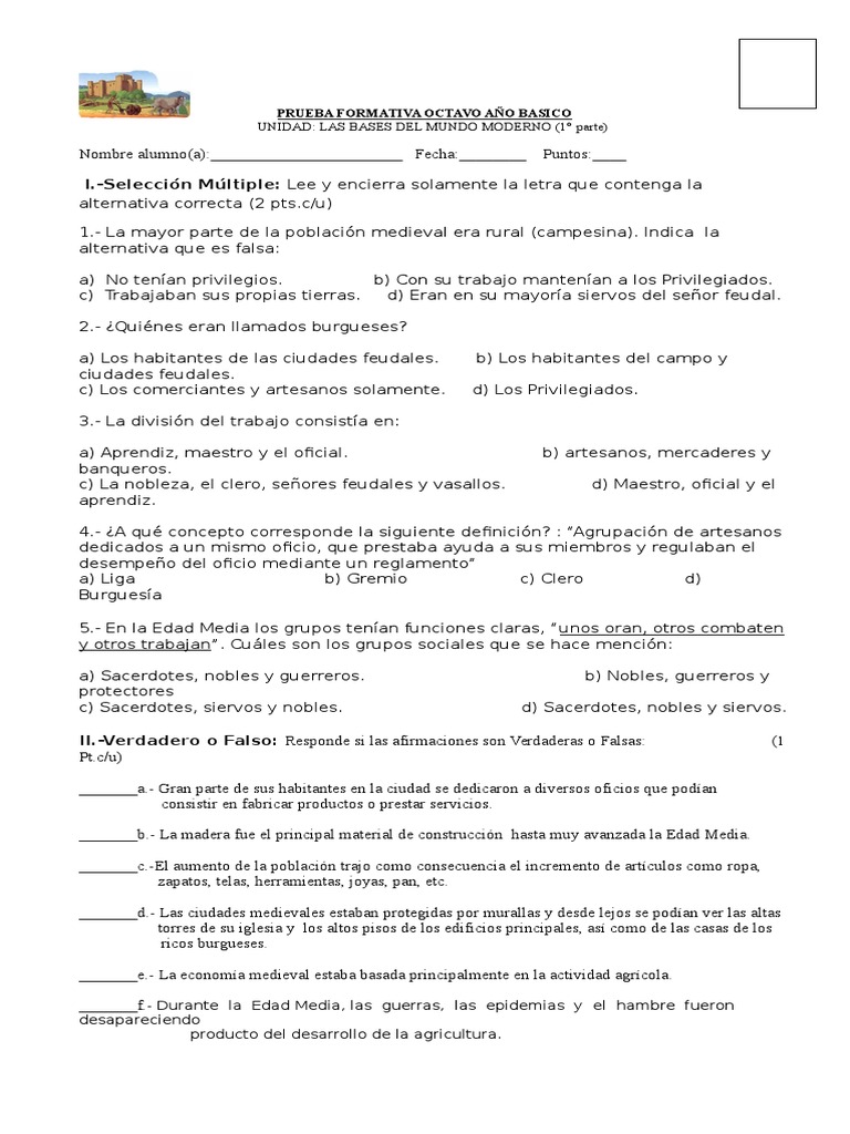 Evaluación 8° La Edad Media | Baja Edad Media | Feudalismo | Prueba ...
