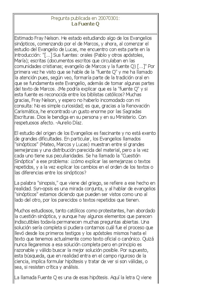 La Hipótesis de la Fuente Q | PDF | Evangelios | Evangelio De Lucas