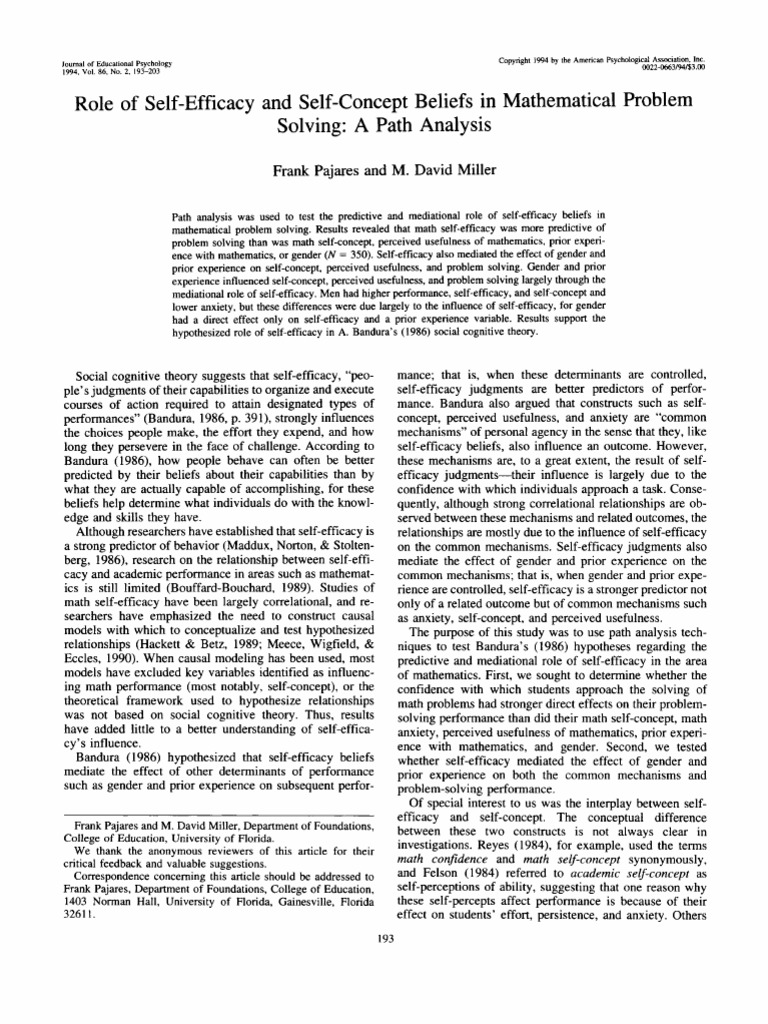 Role of Self-Efficacy and Self-Concept Beliefs in Mathematical Problem ...