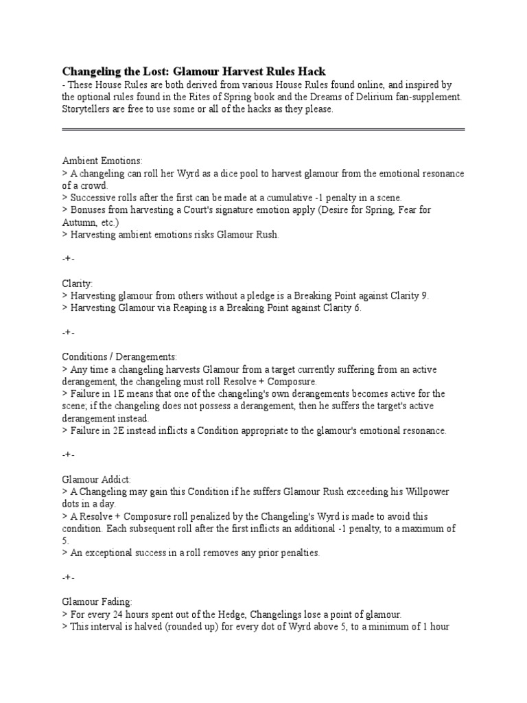 Changeling The Lost - Glamour Harvest Rules Hack | PDF | Psychology