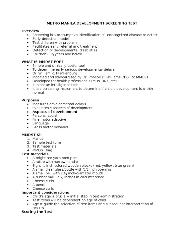 Metro Manila Development Screening Test | PDF | Hand | Child Development