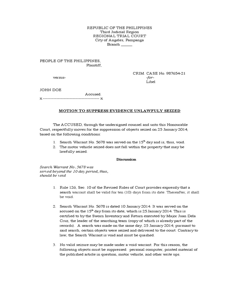 Sample Motion To Suppress Evidence | PDF | Search And Seizure | Search ...