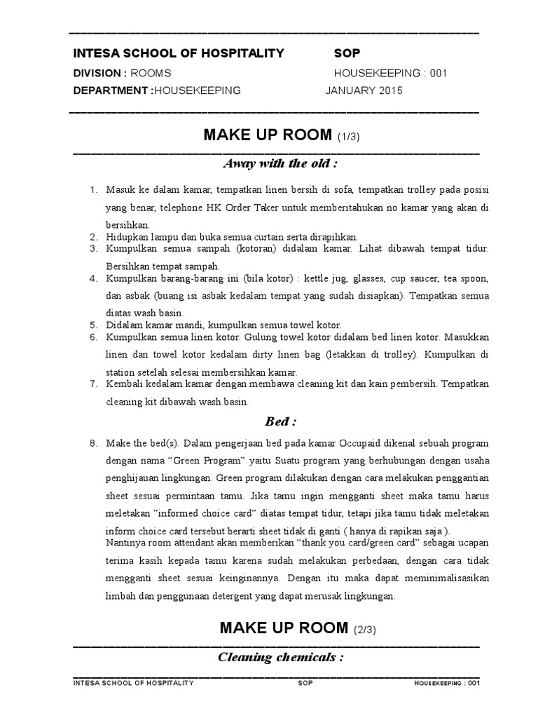 SOP Make Up Room | PDF