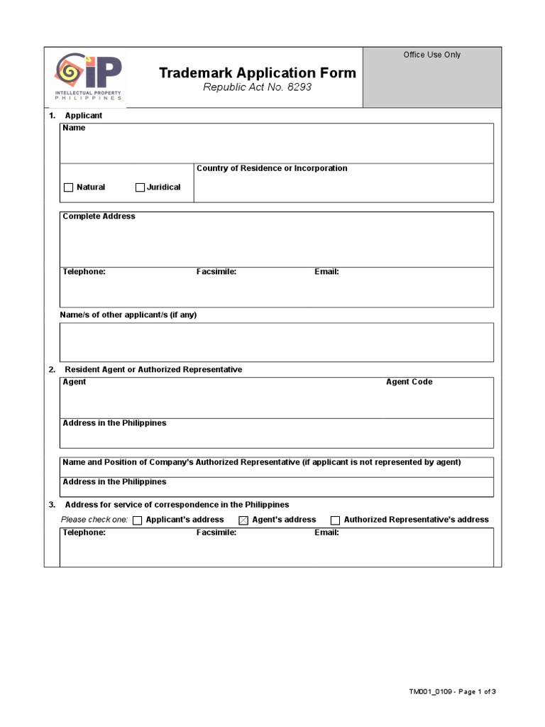 Trademark Application Form: Republic Act No. 8293 | PDF