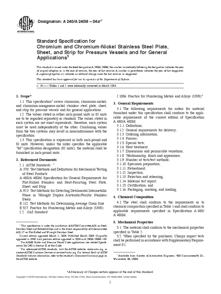 Astm A240 | PDF | Specification (Technical Standard) | Stainless Steel