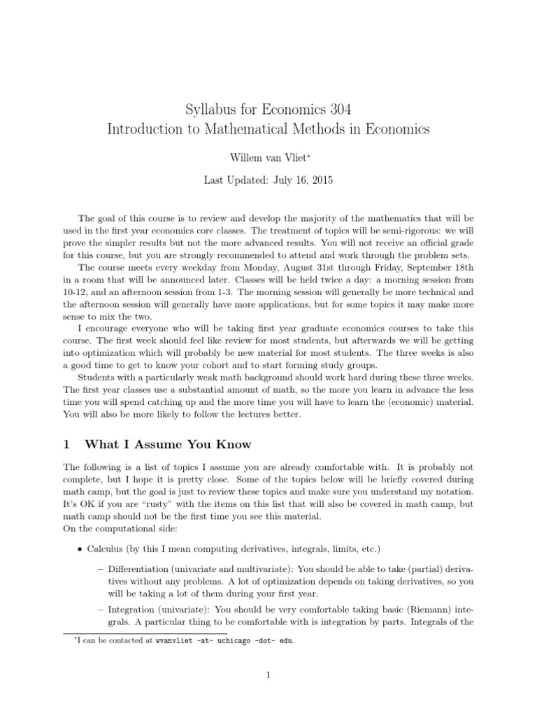 Syllabus For Economics 304 Introduction To Mathematical Methods in ...