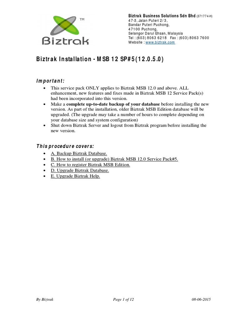 Biztrak MSB 12.0 SP#5 Installation Guide | PDF | Databases | Computing ...