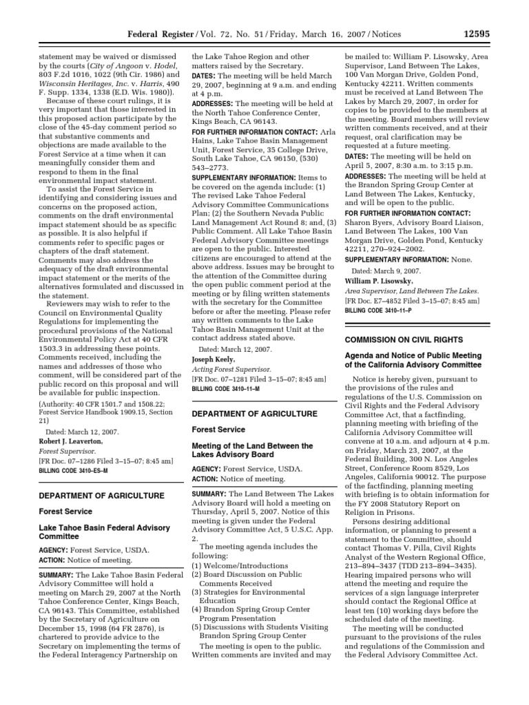 Notice: Environmental Statements Notice of Intent.: Lake Tahoe Basin ...