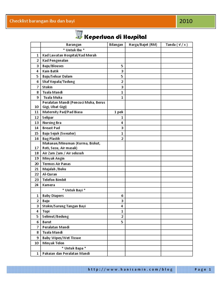 Checklist Barangan Ibu & Bayi | PDF