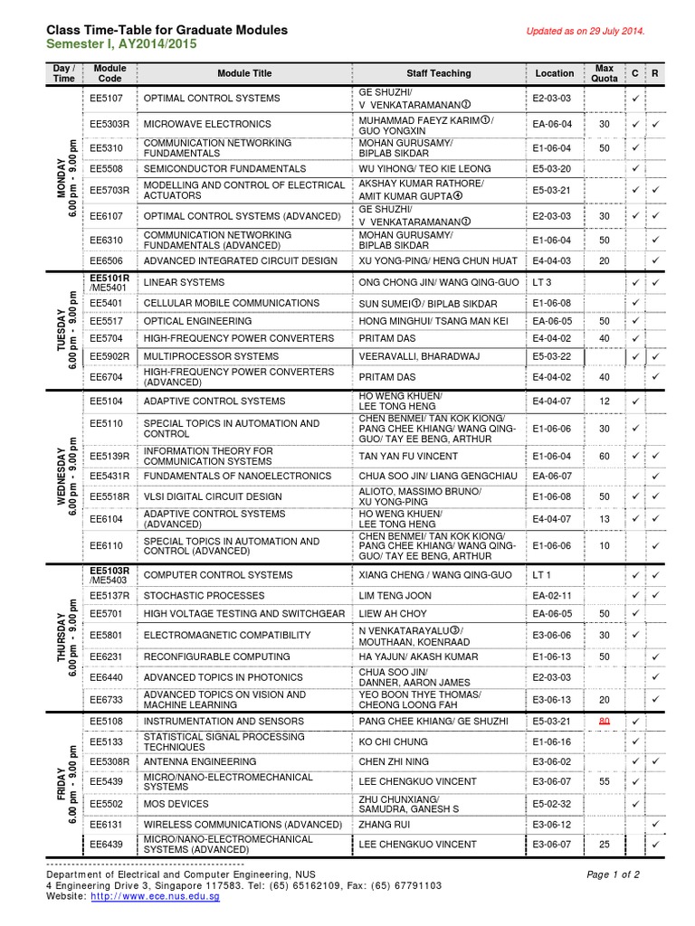Timetable For NUS ECE Gradute Modules | PDF | Electrical Engineering ...