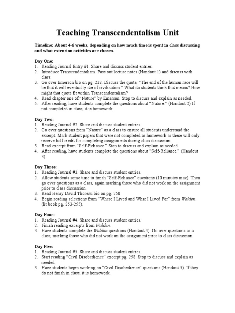 Teaching Transcendentalism Unit Plan | PDF | Henry David Thoreau ...
