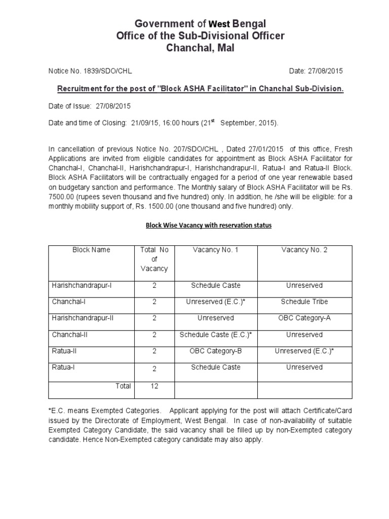 Notification Office of The Sub Divisional Officer Chanchal Block ASHA ...