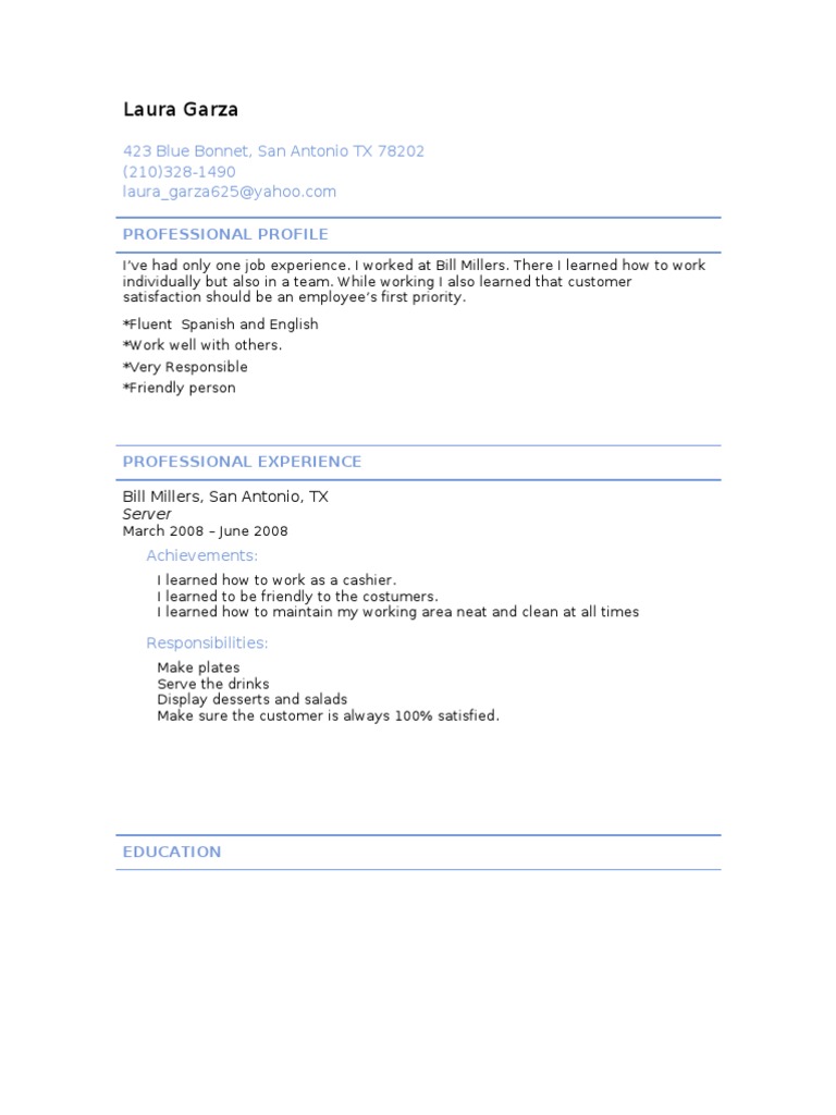 Laura Garza - Server Resume Summary | PDF | Business