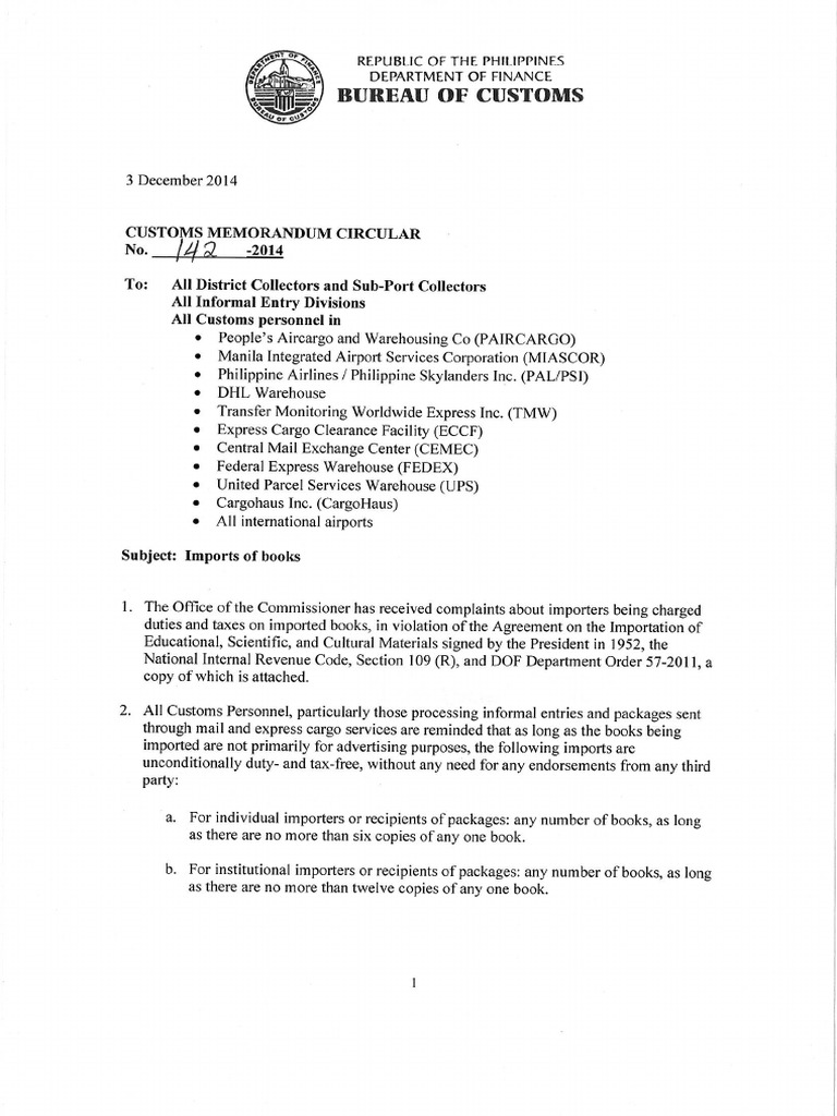 BOC and DOF: On Duty-Free and Tax-Free Imported Books | PDF