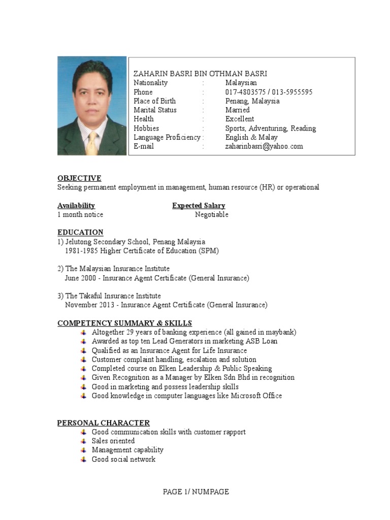 CV - Zaharin - Latest 2015 (Latest CV) - 1 | PDF | Malaysia | Insurance