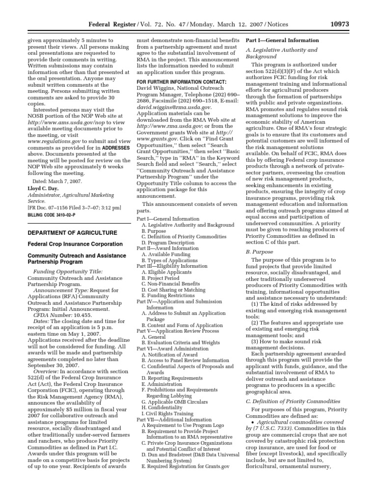 Notice: Grants and Cooperative Agreements Availability, Etc.: Community Outreach and Assistance ...