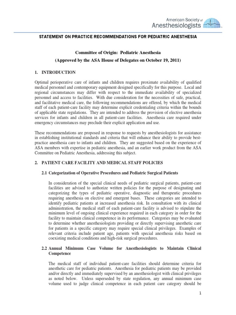 Statement On Practice Recommendations For Pediatric Anesthesia | PDF ...