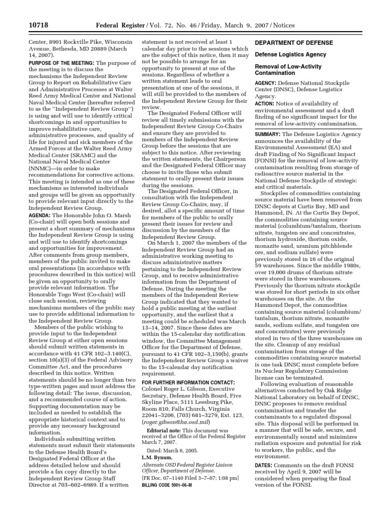 Notice: Environmental Statements Availability, Etc.: National Defense ...