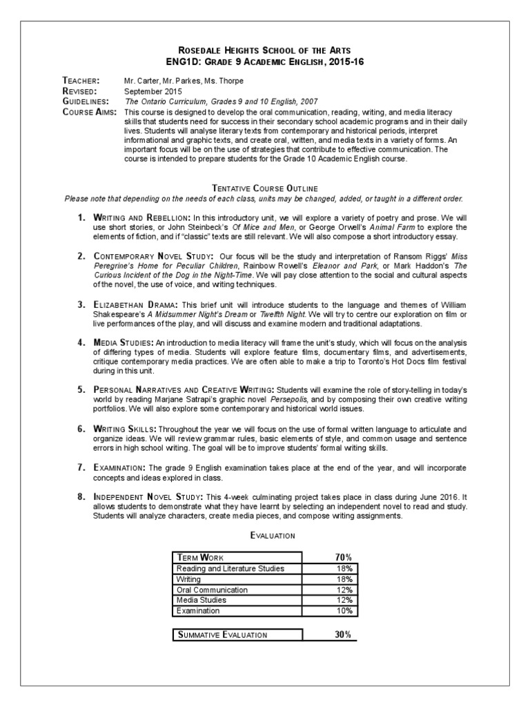 ENG1D Grade 9 English Curriculum Overview | PDF | Creative Writing | Novels
