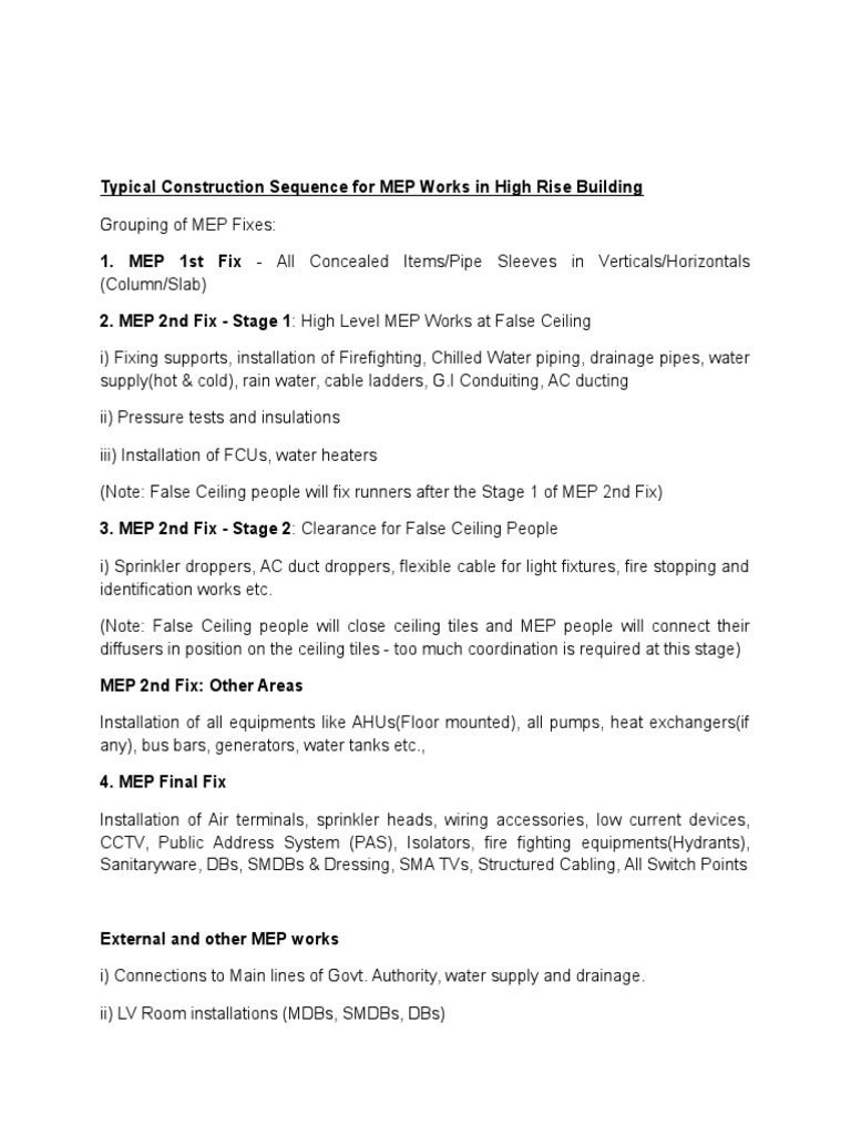 MEP Work Sequencing | PDF | Air Conditioning | Architect