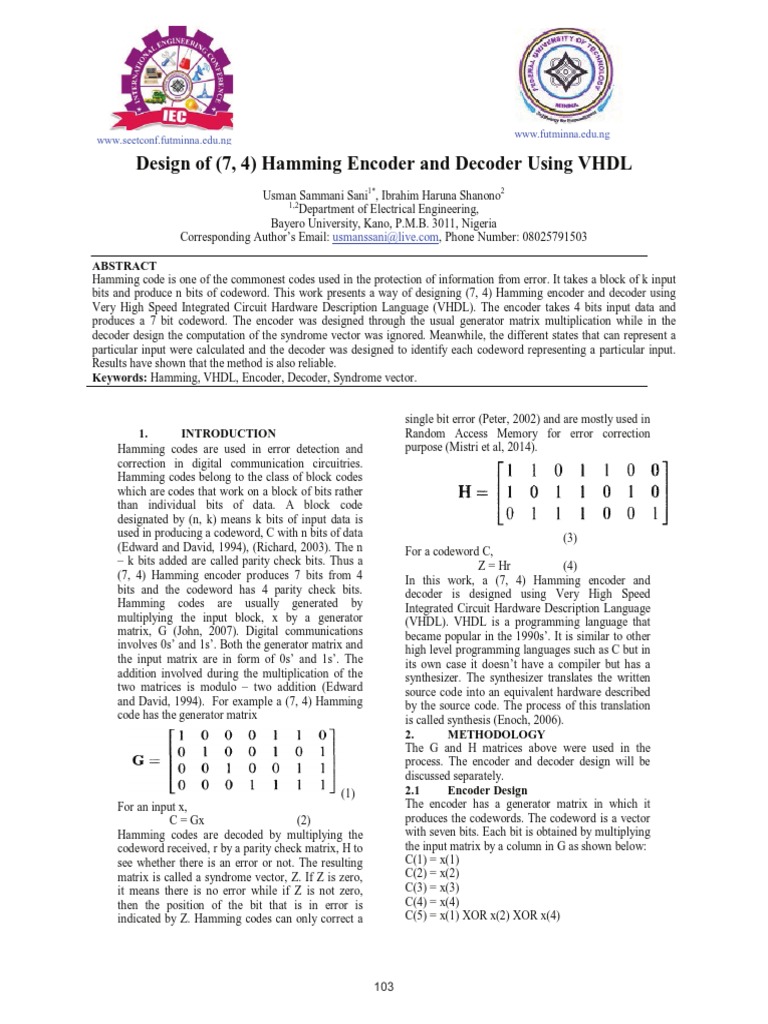 VHDL Hamming Code Design | PDF | Matrix (Mathematics) | Electronic ...