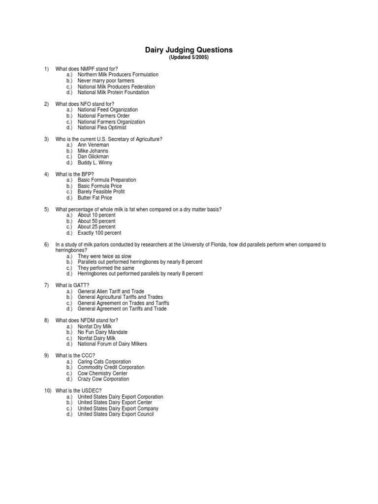 Dairy Judging Questions: (Updated 5/2005) | Download Free PDF | Dairy ...