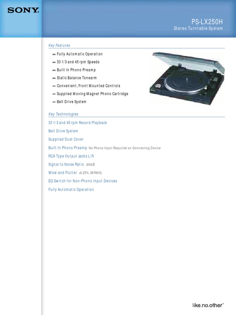 Sony Turntable PS-LX250H Specs | PDF