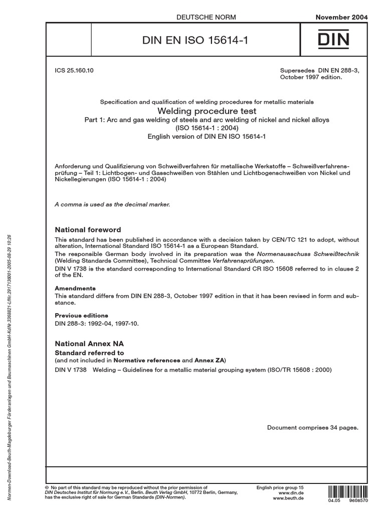 DIN en ISO 15614-1 Nov 2004 Englisch | PDF | Nondestructive Testing ...