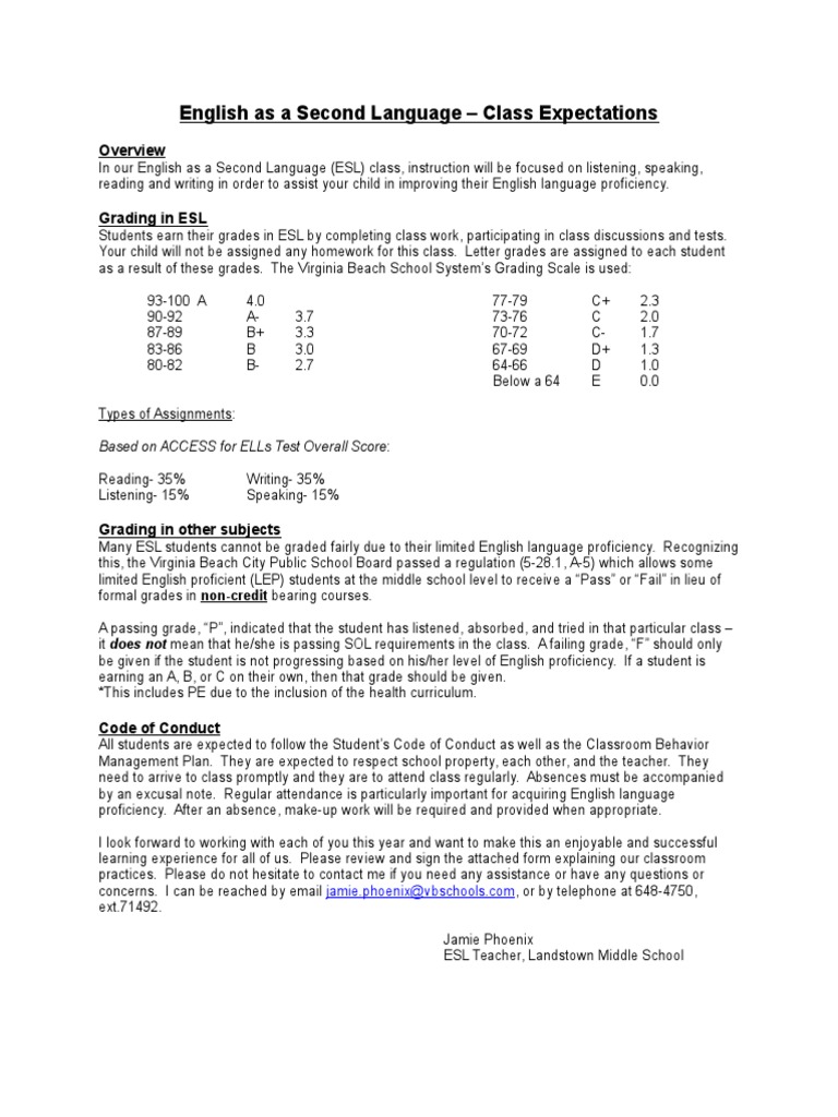 ESL Class Expectations and Grading Guide | PDF | Language Arts & Discipline