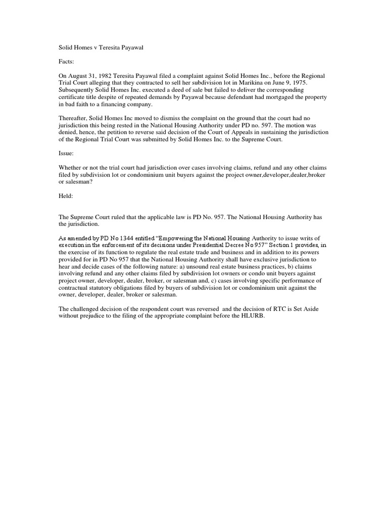 Solid Homes V Teresita Payawal | PDF