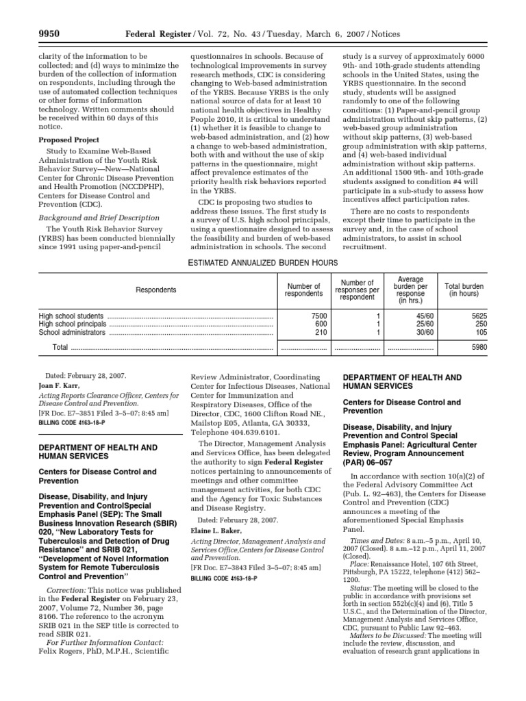 Notice: Meetings: Disease, Disability, and Injury Prevention and ...