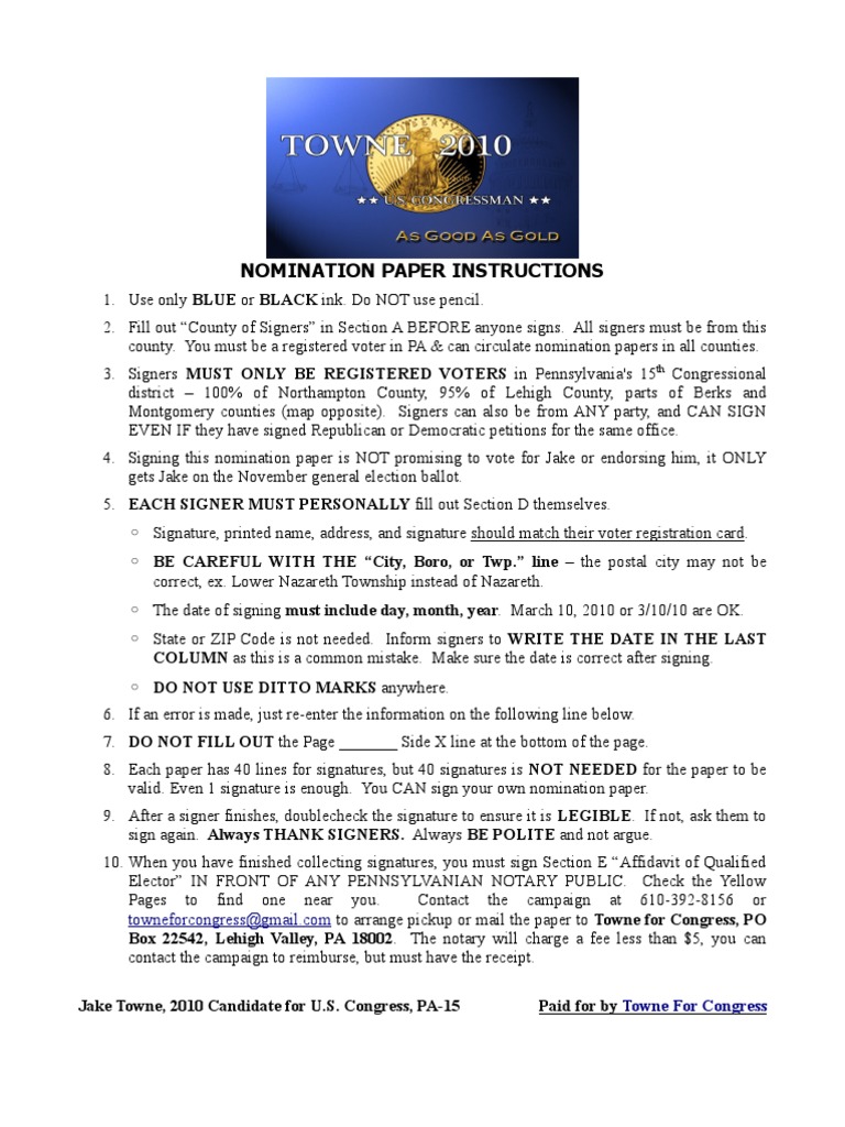 Nomination Paper Instructions for PA-15 | PDF | Voter Registration | Voting
