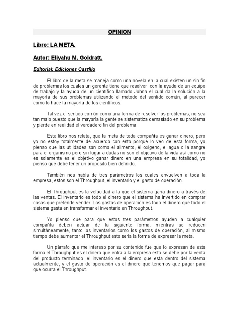 Resumen y análisis del libro "La Meta | PDF | Botella | Inventario