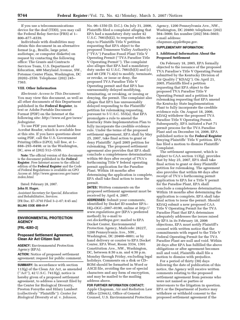 Notice: Air Pollution Control: Citizen Suits Proposed Settlements ...