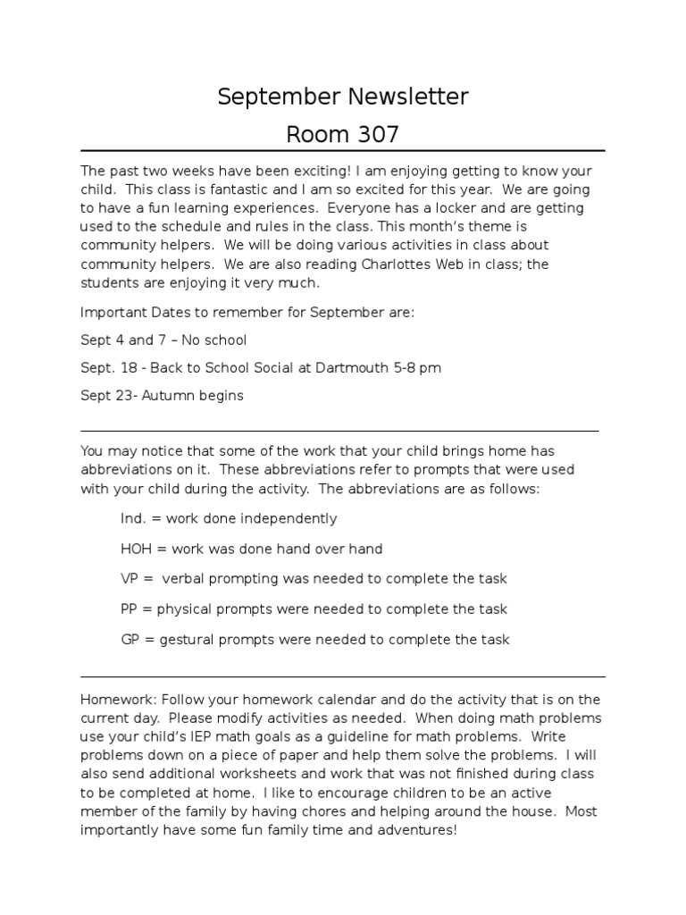 September Classroom Newsletter | PDF