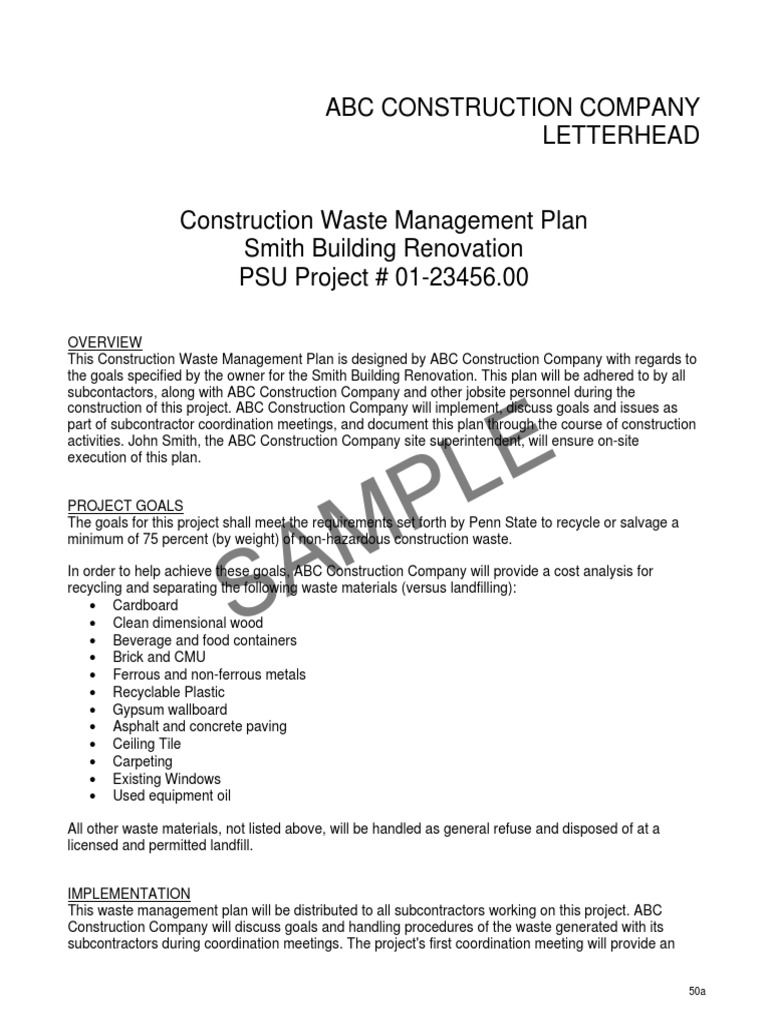 Construction Proj Waste Management Plan - SAMPLE | PDF | Recycling ...