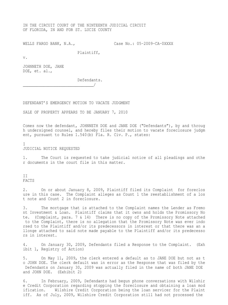 Emergency Motion to Vacate Judgment | Foreclosure | Summary Judgment