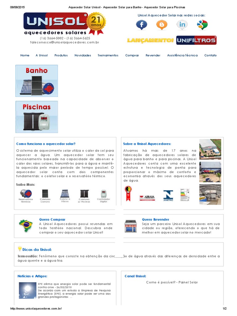 Aquecedor Solar Unisol | PDF | Energia solar | Calor