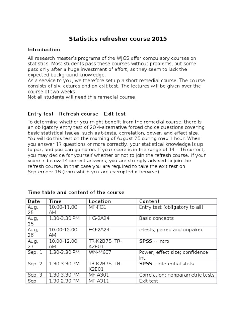 2015 Statistics Remedial Course Details | PDF