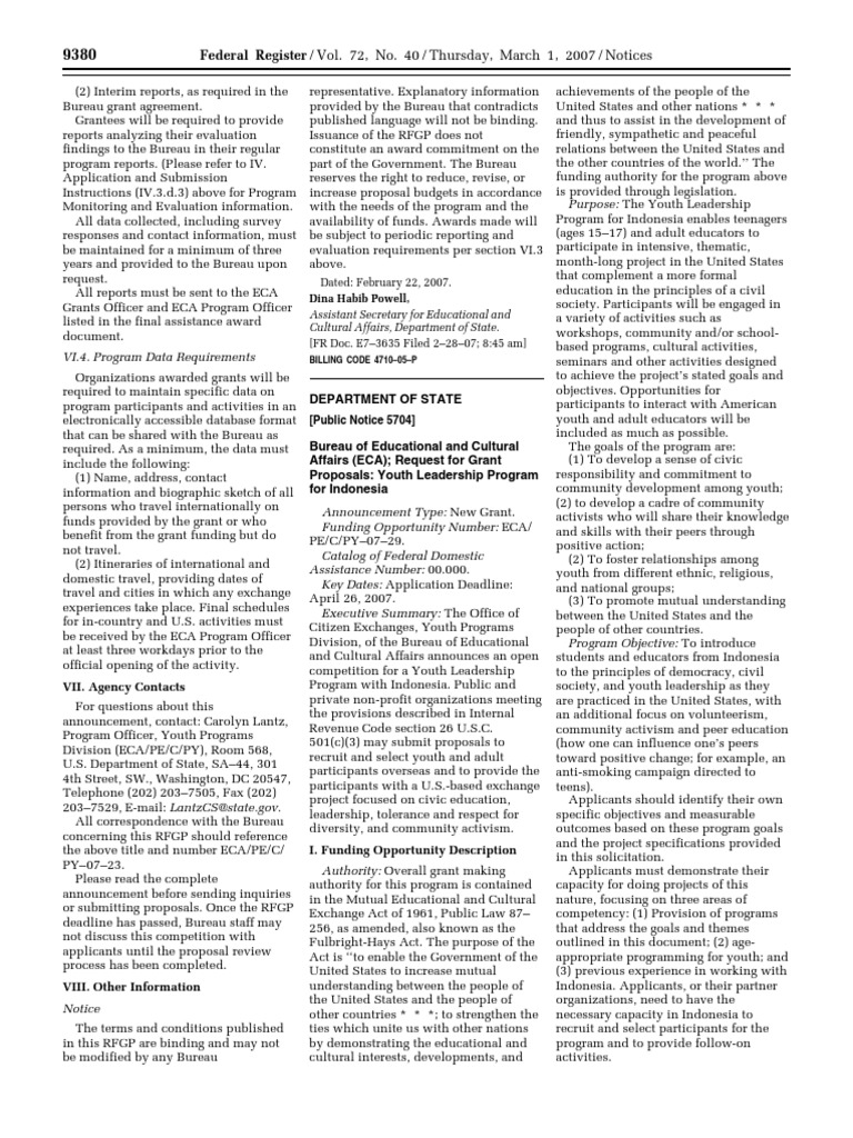 Notice: Grants and Cooperative Agreements Availability, Etc.: Youth Leadership Program For ...