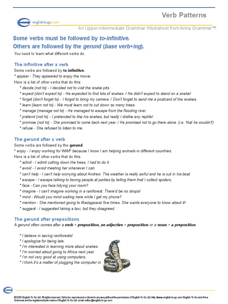 Verb Patterns Intermediate | PDF | English Language | Preposition And ...