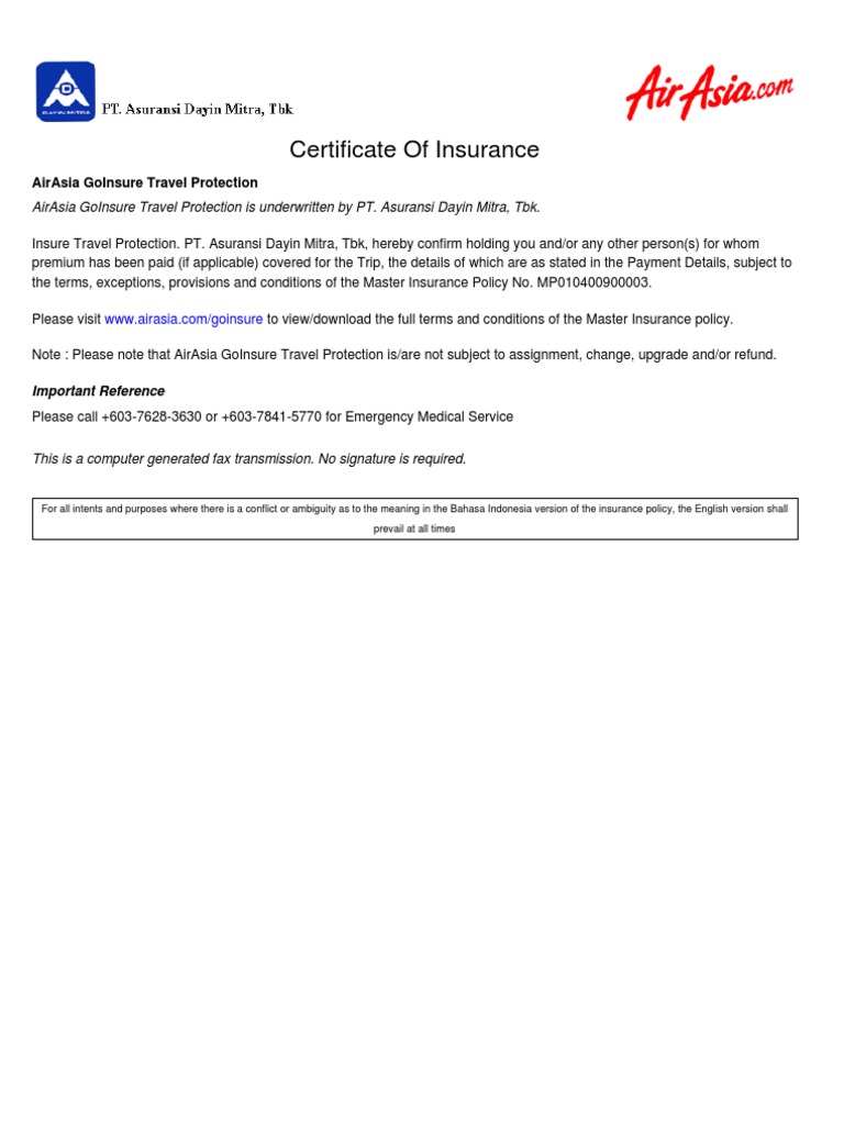 AirAsia Travel Insurance Certificate | PDF