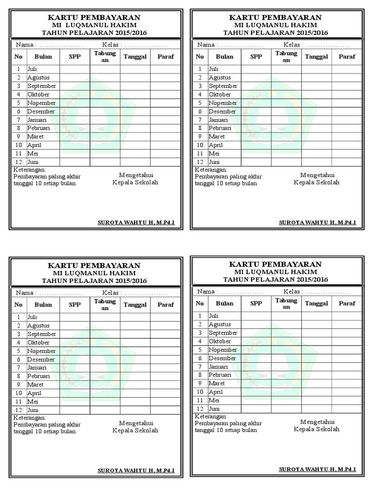 Contoh Kartu Pembayaran SPP TK