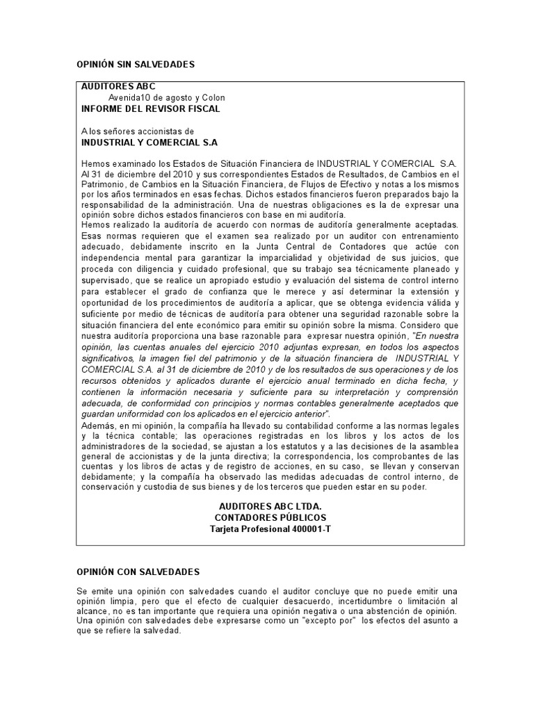 Ejemplos de Dictamen | PDF | Auditoría financiera | Contralor