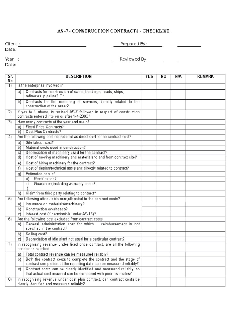 Construction Contract Checklist | PDF | Revenue | Balance Sheet