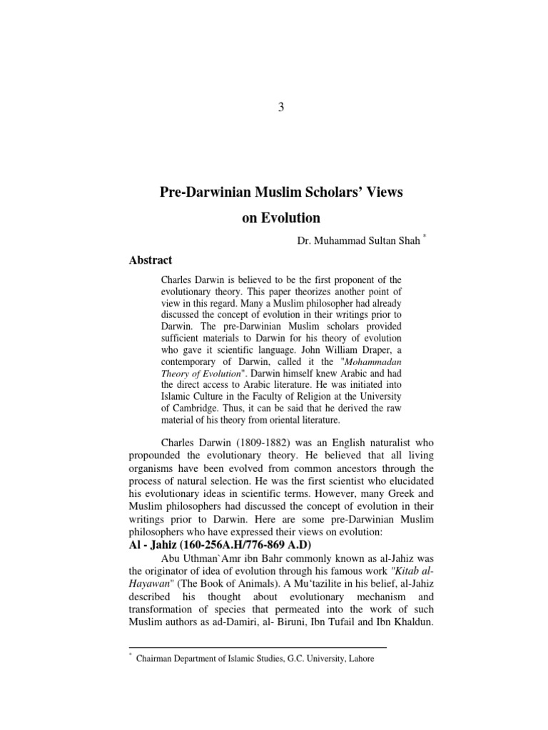 Dr. Sultan Shah - Pre-Darwinian Islamic Evolution Theories | PDF