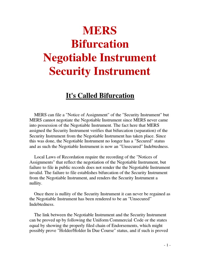 MERS Bifurcation Negotiable Instrument Security Instrument | PDF ...